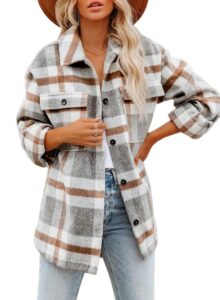 beaully women's brushed plaid shirts long sleeve flannel lapel button down pocketed shacket jacket coats 6017 khaki large