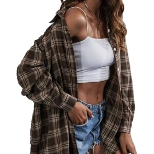 Zontroldy Brown Plaid Flannel Shirt Women Oversized Long Sleeve Button Down Buffalo Plaid Shirt Blouse Tops (0228-Coffee-L)