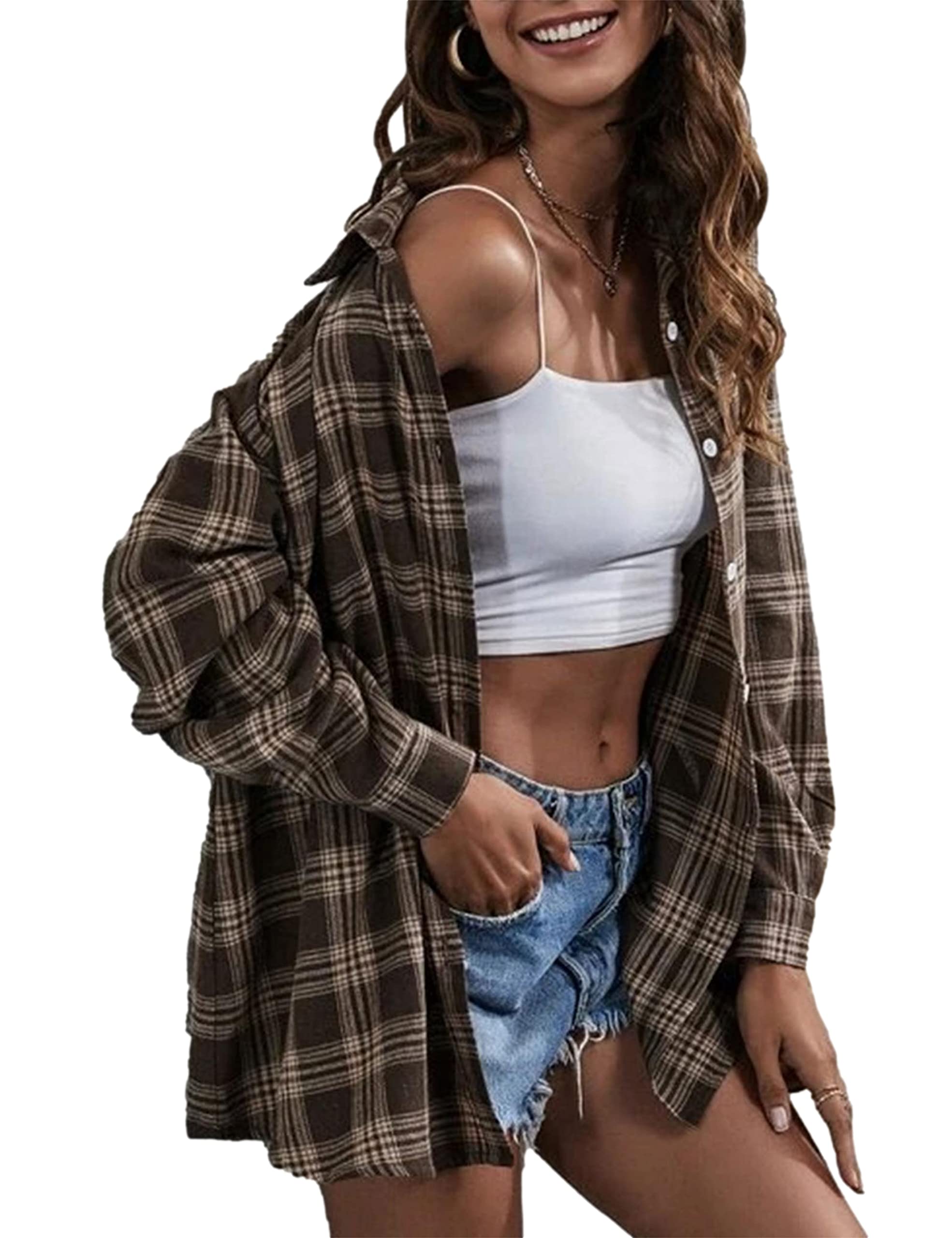 Zontroldy Brown Plaid Flannel Shirt Women Oversized Long Sleeve Button Down Buffalo Plaid Shirt Blouse Tops (0228-Coffee-L)