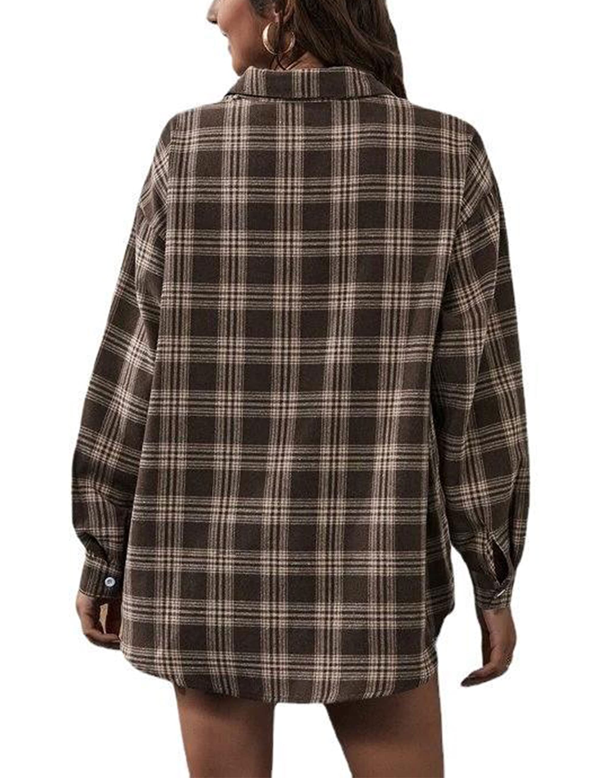 Zontroldy Brown Plaid Flannel Shirt Women Oversized Long Sleeve Button Down Buffalo Plaid Shirt Blouse Tops (0228-Coffee-L)