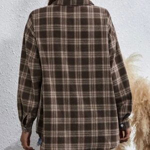 Zontroldy Brown Plaid Flannel Shirt Women Oversized Long Sleeve Button Down Buffalo Plaid Shirt Blouse Tops (0228-Coffee-L)