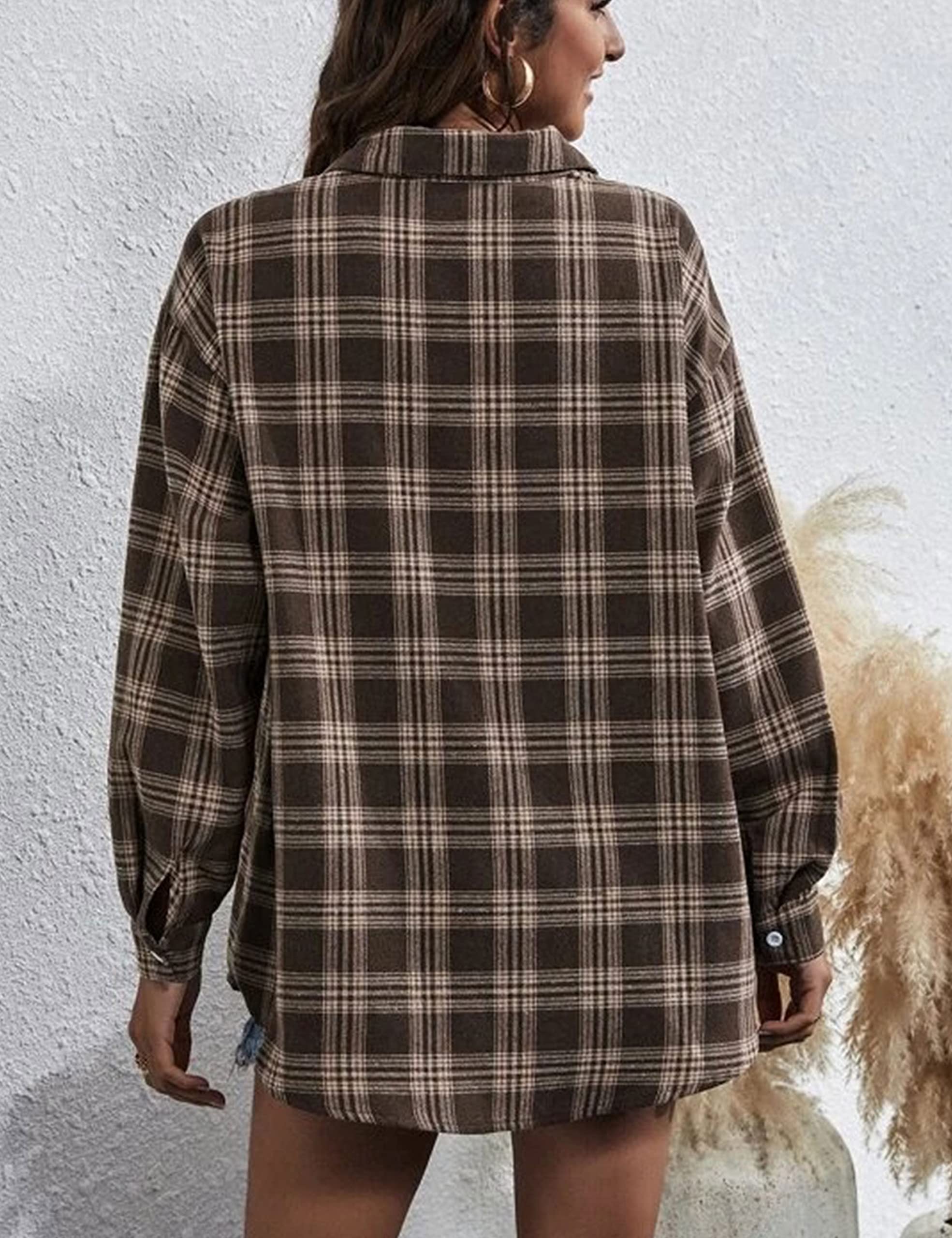 Zontroldy Brown Plaid Flannel Shirt Women Oversized Long Sleeve Button Down Buffalo Plaid Shirt Blouse Tops (0228-Coffee-L)