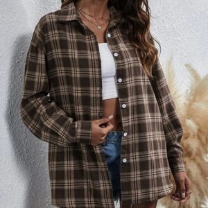 Zontroldy Brown Plaid Flannel Shirt Women Oversized Long Sleeve Button Down Buffalo Plaid Shirt Blouse Tops (0228-Coffee-L)