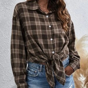 Zontroldy Brown Plaid Flannel Shirt Women Oversized Long Sleeve Button Down Buffalo Plaid Shirt Blouse Tops (0228-Coffee-L)