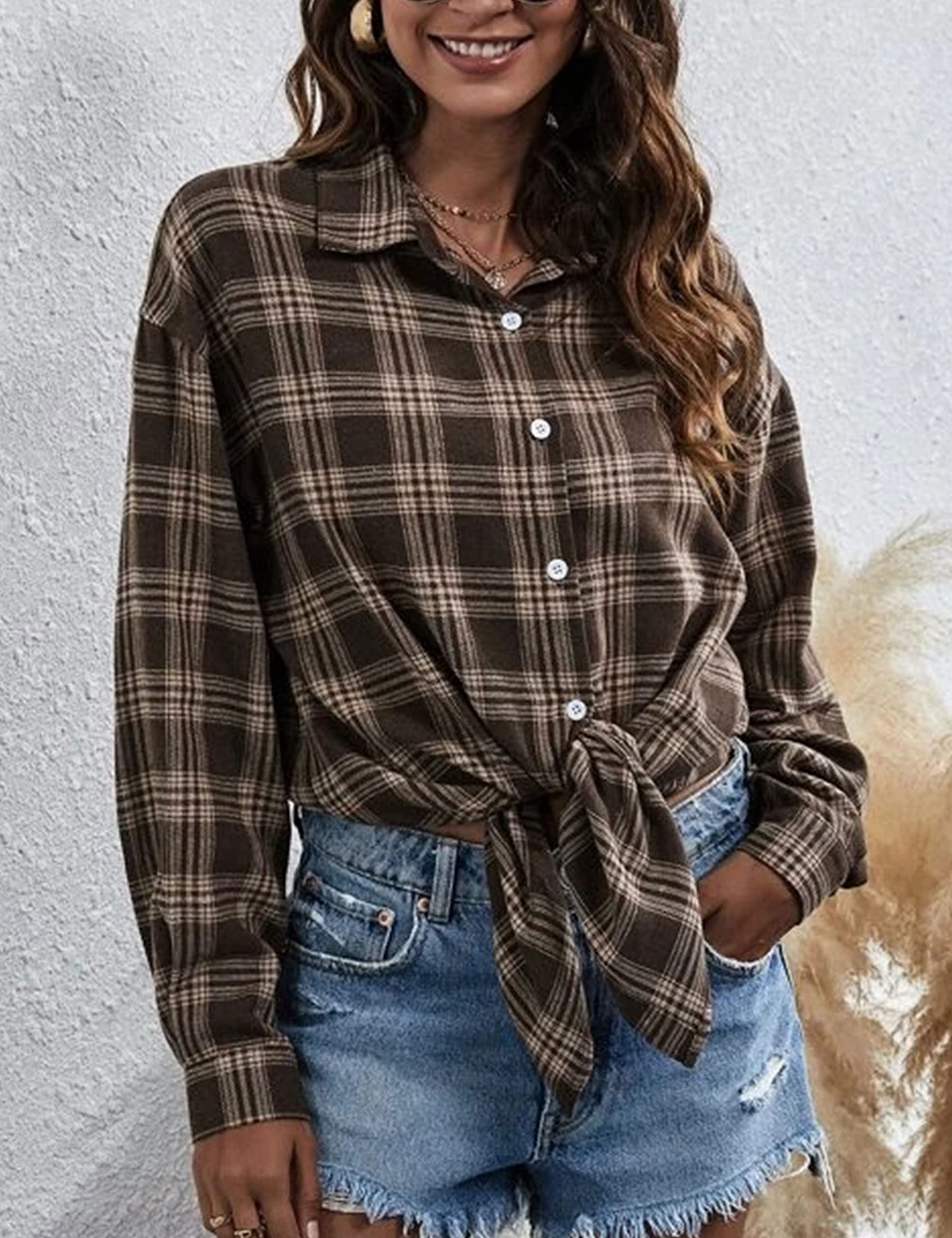 Zontroldy Brown Plaid Flannel Shirt Women Oversized Long Sleeve Button Down Buffalo Plaid Shirt Blouse Tops (0228-Coffee-L)