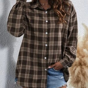 Zontroldy Brown Plaid Flannel Shirt Women Oversized Long Sleeve Button Down Buffalo Plaid Shirt Blouse Tops (0228-Coffee-L)