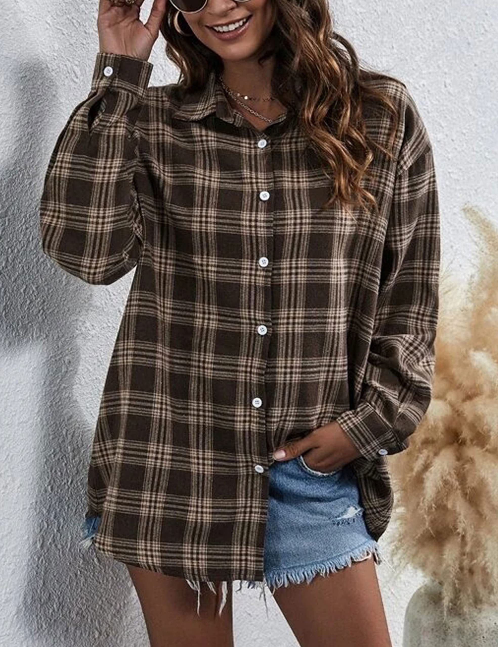 Zontroldy Brown Plaid Flannel Shirt Women Oversized Long Sleeve Button Down Buffalo Plaid Shirt Blouse Tops (0228-Coffee-L)