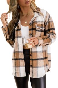 womens oversized flannel jacket shirts button down long sleeve shacket trendy winter clothes plus size apricot