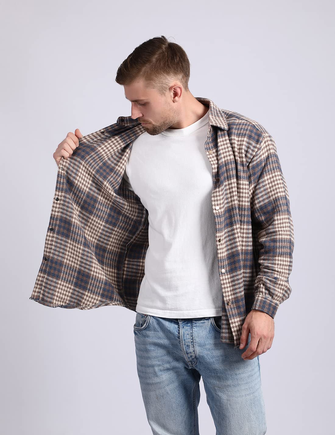 Locachy Men's Casual Cotton Plaid Shirts Long Sleeve Button-Down Flannel Overshirt Jacket Blue Plaid-L