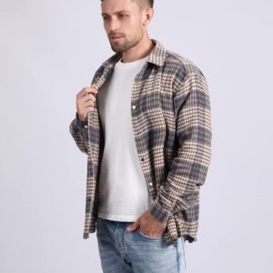 Locachy Men's Casual Cotton Plaid Shirts Long Sleeve Button-Down Flannel Overshirt Jacket Blue Plaid-L