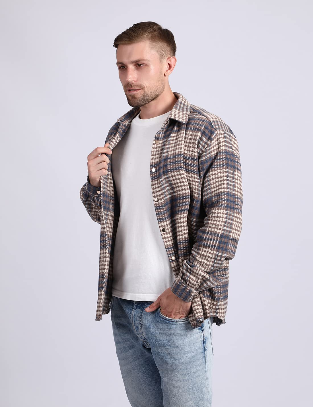 Locachy Men's Casual Cotton Plaid Shirts Long Sleeve Button-Down Flannel Overshirt Jacket Blue Plaid-L