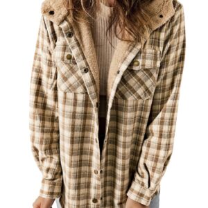 Dokotoo Shacket Jacket Women Fashion Plaid Oversized Hooded Long Sleeve Flannel Shirts Button Down Sherpa Coats Pocketed Casual Winter Fall 2024 Thick Fleece Lined Oversized Outerwear Khaki L