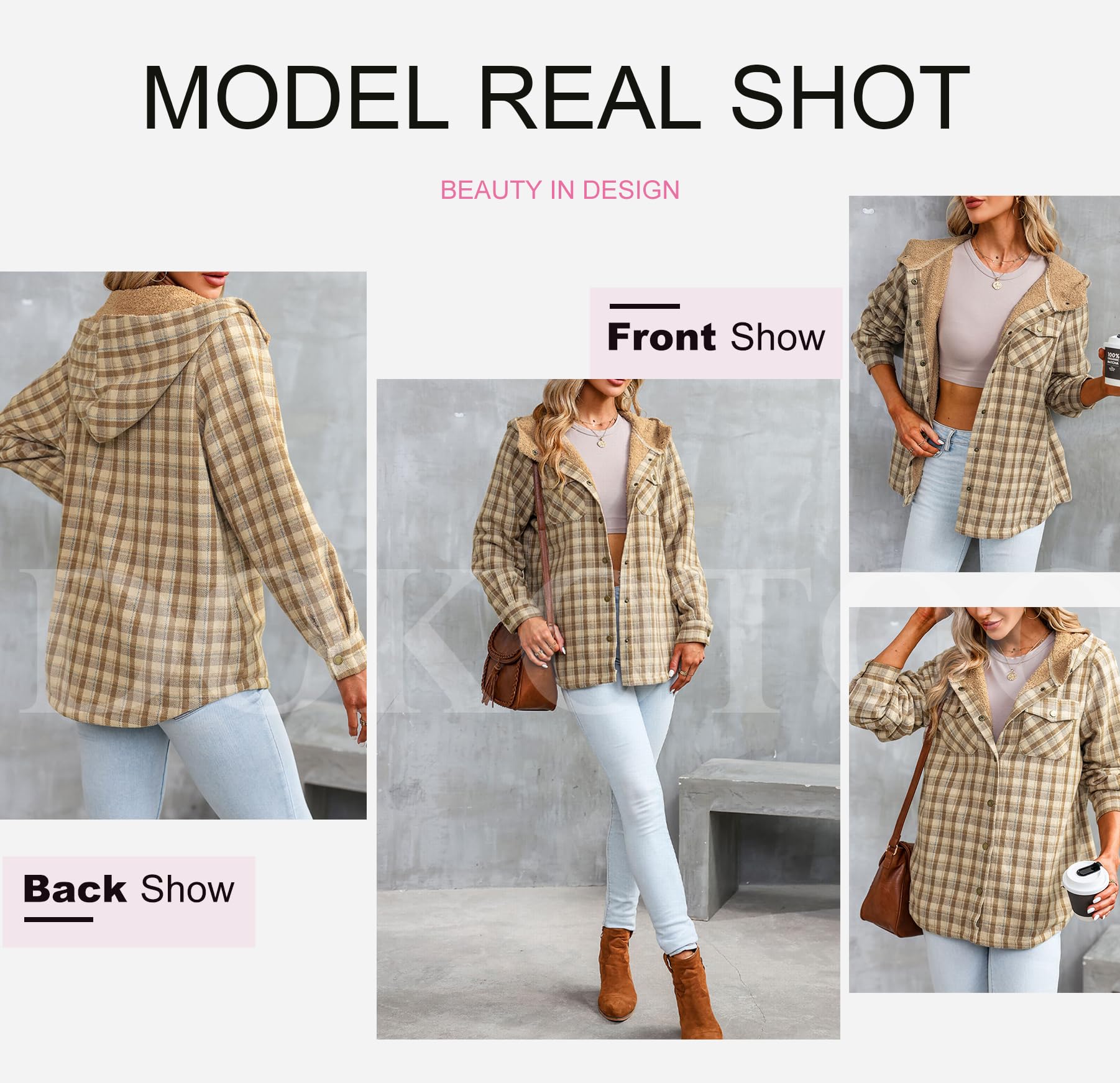 Dokotoo Shacket Jacket Women Fashion Plaid Oversized Hooded Long Sleeve Flannel Shirts Button Down Sherpa Coats Pocketed Casual Winter Fall 2024 Thick Fleece Lined Oversized Outerwear Khaki L