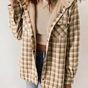 Dokotoo Shacket Jacket Women Fashion Plaid Oversized Hooded Long Sleeve Flannel Shirts Button Down Sherpa Coats Pocketed Casual Winter Fall 2024 Thick Fleece Lined Oversized Outerwear Khaki L