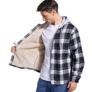 Derbars Men's Cotton Plaid Shirts Jacket Fleece Lined Flannel Shirts Sherpa Button Down Jackets with Hood for Men Black X-Large