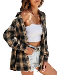 zontroldy womens flannel plaid shirt oversized fashion button down shirts blouse shirts tops(0355-khaki-l)