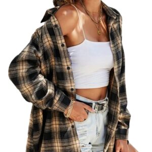 Zontroldy Womens Flannel Plaid Shirt Oversized Fashion Button Down Shirts Blouse Shirts Tops(0355-Khaki-L)