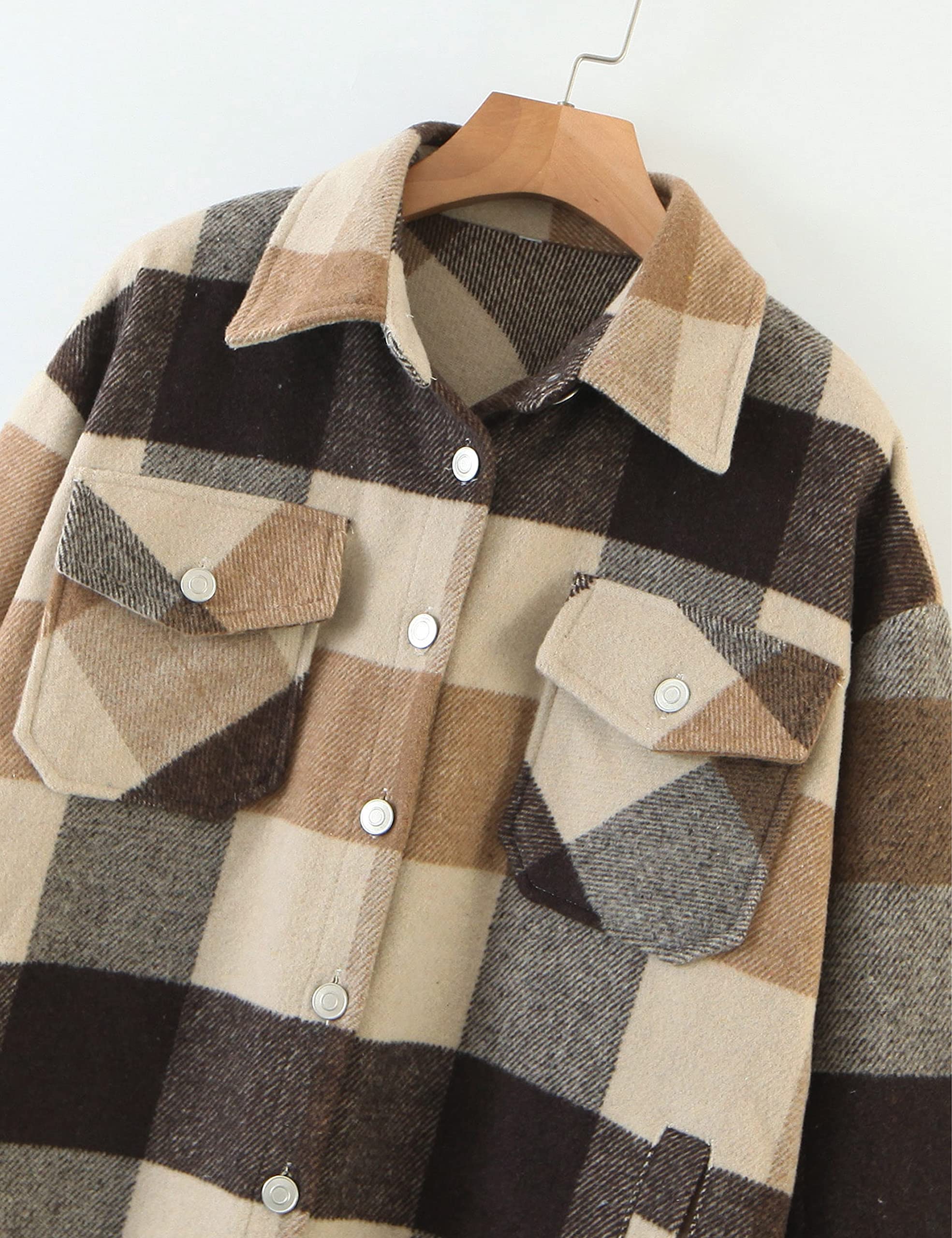 UANEO Womens Plaid Shacket Button Down Wool Blend Fall Flannel Shirt Jacket (Brown-L)