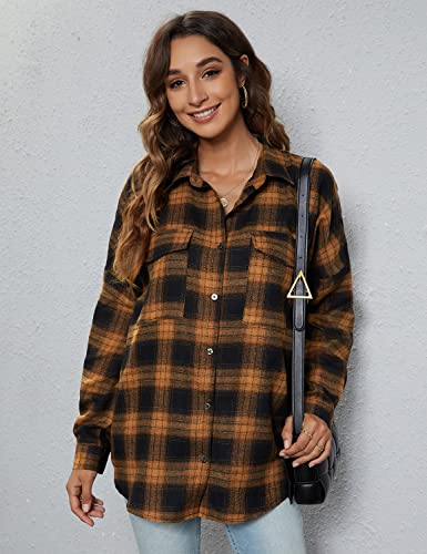 Blooming Jelly Women's Button Down Shirts Long Sleeve Collared Business Casual Tops Work Blouses V Neck Flannel T Shirts (Medium,Brown Plaid)