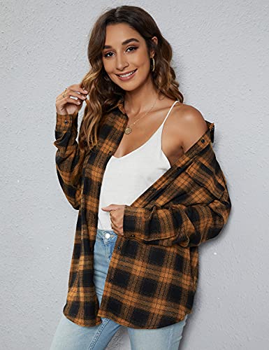 Blooming Jelly Women's Button Down Shirts Long Sleeve Collared Business Casual Tops Work Blouses V Neck Flannel T Shirts (Medium,Brown Plaid)