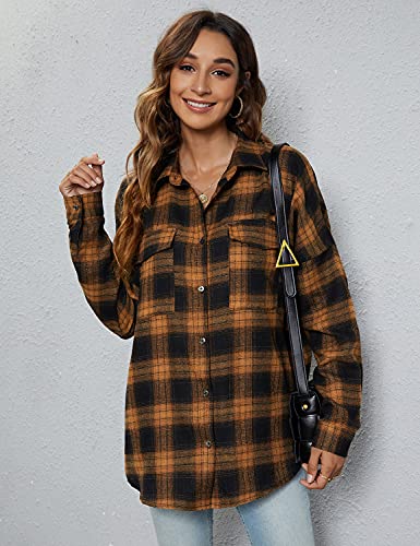 Blooming Jelly Women's Button Down Shirts Long Sleeve Collared Business Casual Tops Work Blouses V Neck Flannel T Shirts (Medium,Brown Plaid)