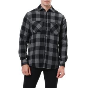 Esabel.C Mens Flannel Shirt Regular Fit Long Sleeve,Casual Button Down Plaid Flannel Shirt for Men,Grey/Black,L