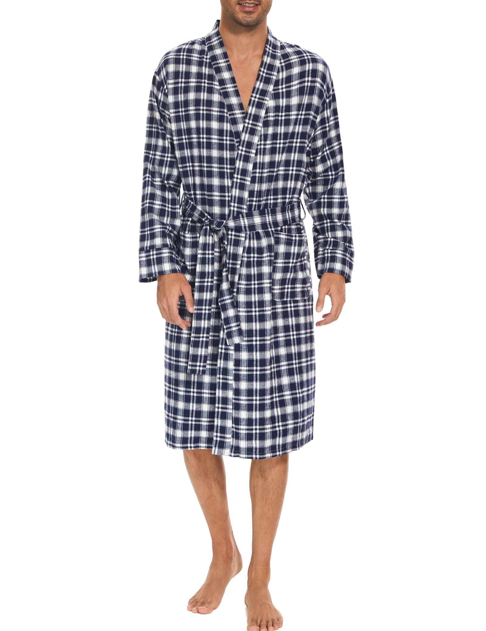 Zerbala Men's Flannel Robe Knee Length Plaid Bathrobe M Navy