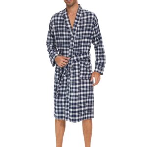 Zerbala Men's Flannel Robe Knee Length Plaid Bathrobe M Navy