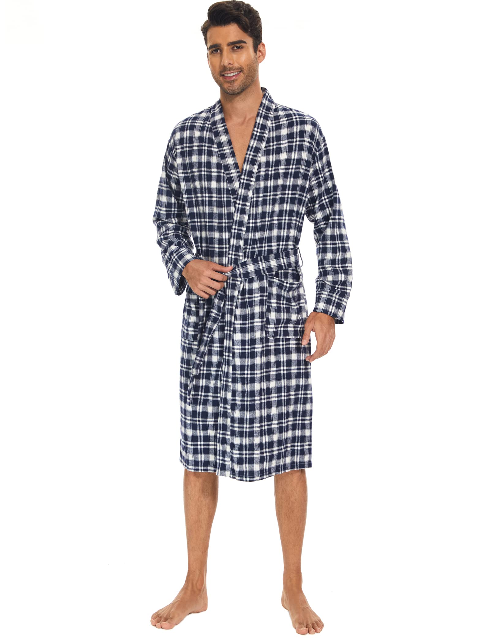 Zerbala Men's Flannel Robe Knee Length Plaid Bathrobe M Navy