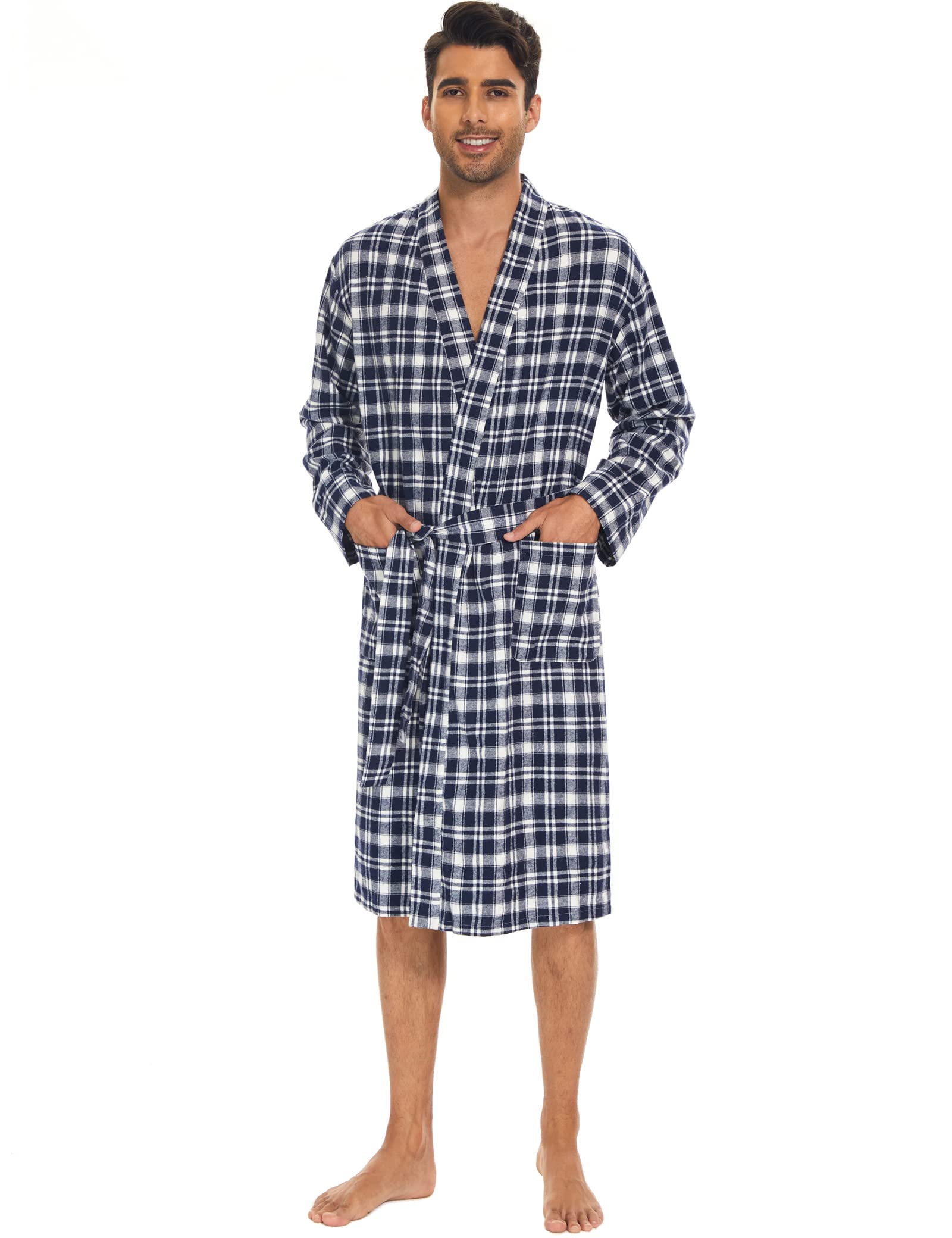 Zerbala Men's Flannel Robe Knee Length Plaid Bathrobe M Navy