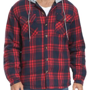 PEGENO Men's Long Sleeve Plaid Button Quilted Lined Flannel Shirt Jacket with Hood（Red Grid-US X-Large）