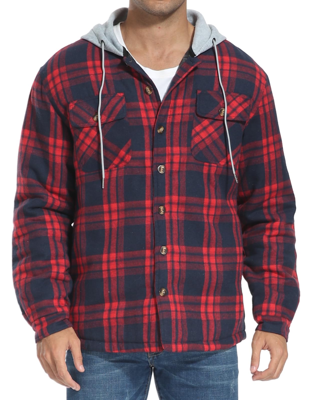 PEGENO Men's Long Sleeve Plaid Button Quilted Lined Flannel Shirt Jacket with Hood（Red Grid-US X-Large）