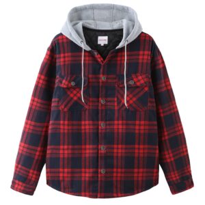 PEGENO Men's Long Sleeve Plaid Button Quilted Lined Flannel Shirt Jacket with Hood（Red Grid-US X-Large）