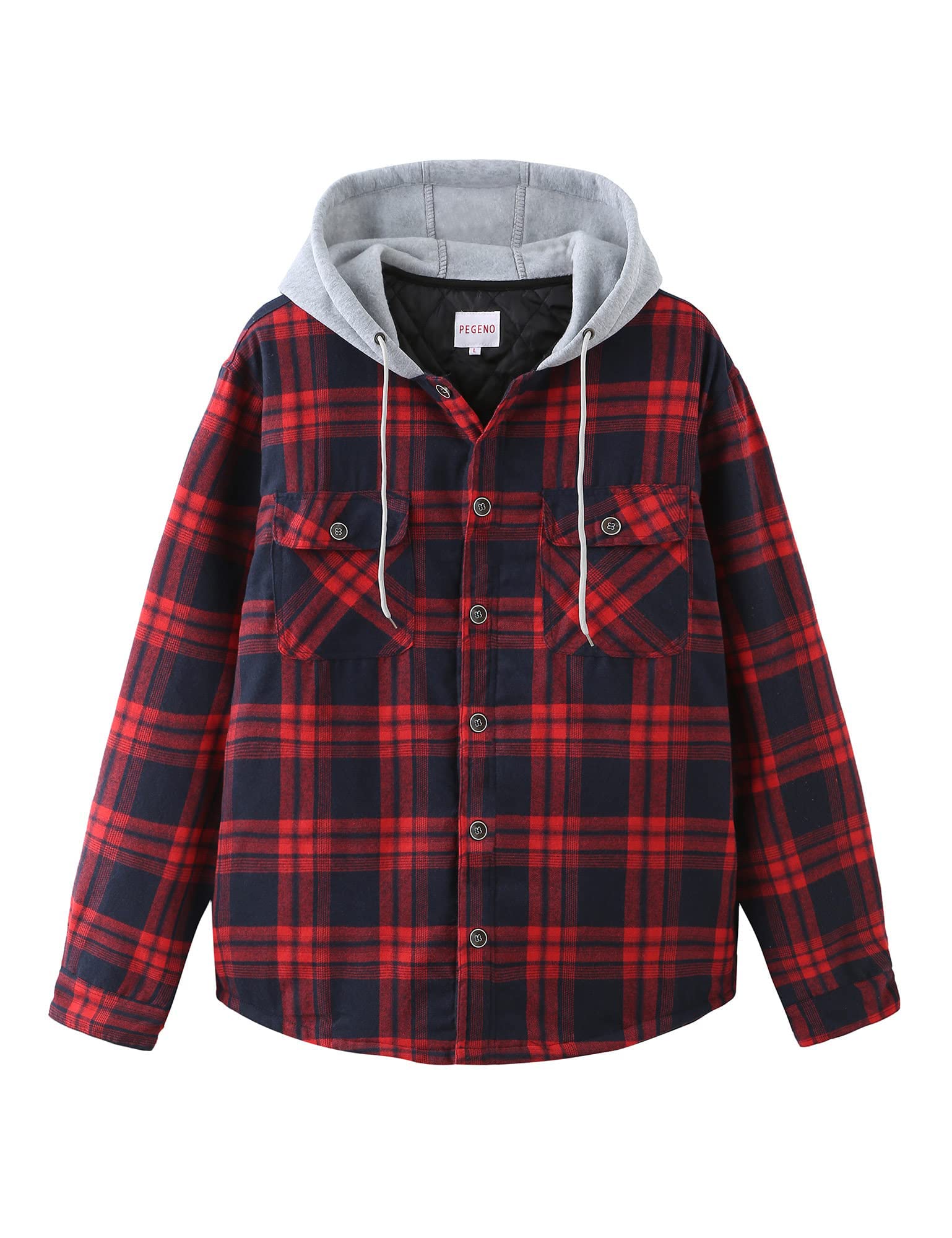 PEGENO Men's Long Sleeve Plaid Button Quilted Lined Flannel Shirt Jacket with Hood（Red Grid-US X-Large）