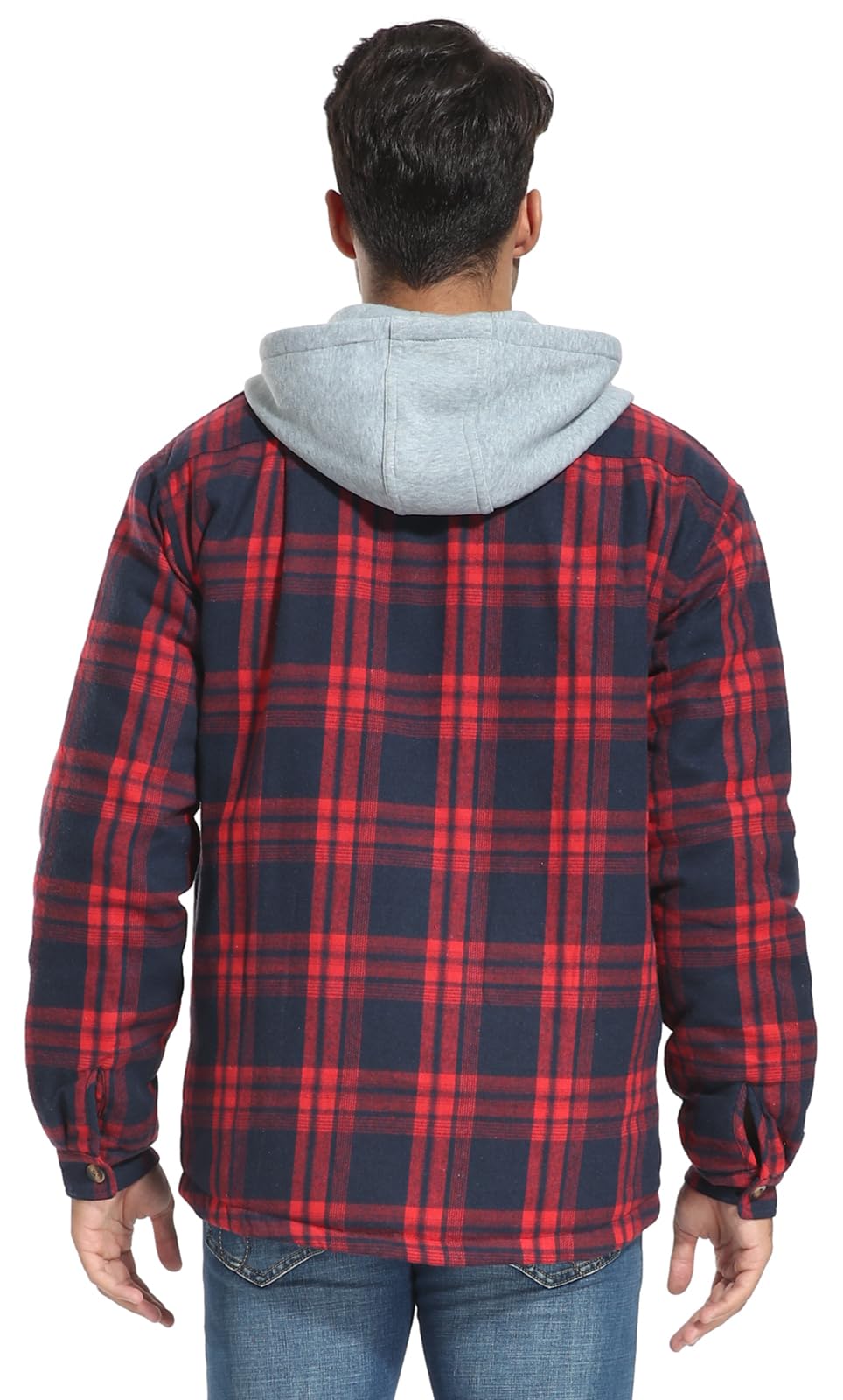 PEGENO Men's Long Sleeve Plaid Button Quilted Lined Flannel Shirt Jacket with Hood（Red Grid-US X-Large）