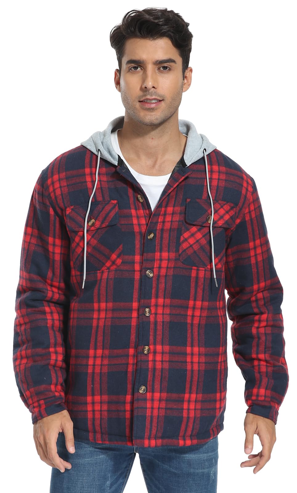 PEGENO Men's Long Sleeve Plaid Button Quilted Lined Flannel Shirt Jacket with Hood（Red Grid-US X-Large）