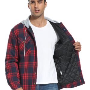 PEGENO Men's Long Sleeve Plaid Button Quilted Lined Flannel Shirt Jacket with Hood（Red Grid-US X-Large）