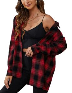 hangnifang flannel red black plaid shirts for women oversized button down shirts blouse(0768-redblack-m)