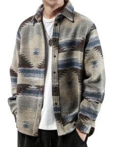 findthy men’s brushed flannel shirts ethnic aztec print button up lapel tribal shirt jacket shacket(0682-grey-l-lb)