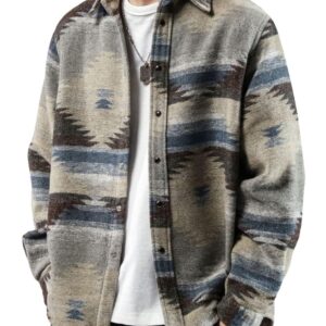 FindThy Men’s Brushed Flannel Shirts Ethnic Aztec Print Button Up Lapel Tribal Shirt Jacket Shacket(0682-Grey-L-LB)