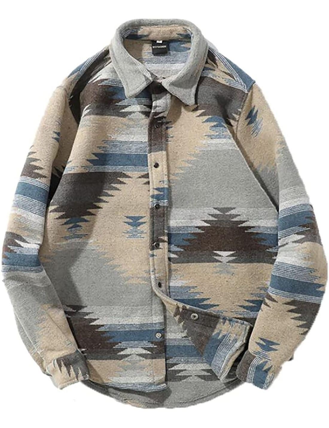 FindThy Men’s Brushed Flannel Shirts Ethnic Aztec Print Button Up Lapel Tribal Shirt Jacket Shacket(0682-Grey-L-LB)