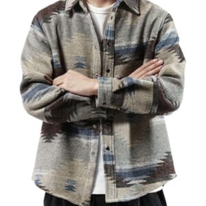 FindThy Men’s Brushed Flannel Shirts Ethnic Aztec Print Button Up Lapel Tribal Shirt Jacket Shacket(0682-Grey-L-LB)