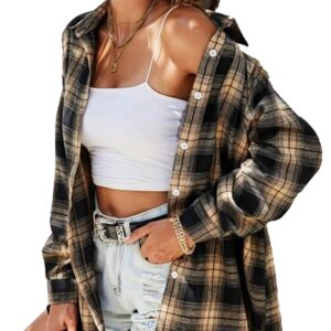 Korebow Oversized Flannels Plaid Shirts for Women Buffalo Plaid Long Sleeve Button Down Shirts Blouse Tops(0028-Khaki-S)