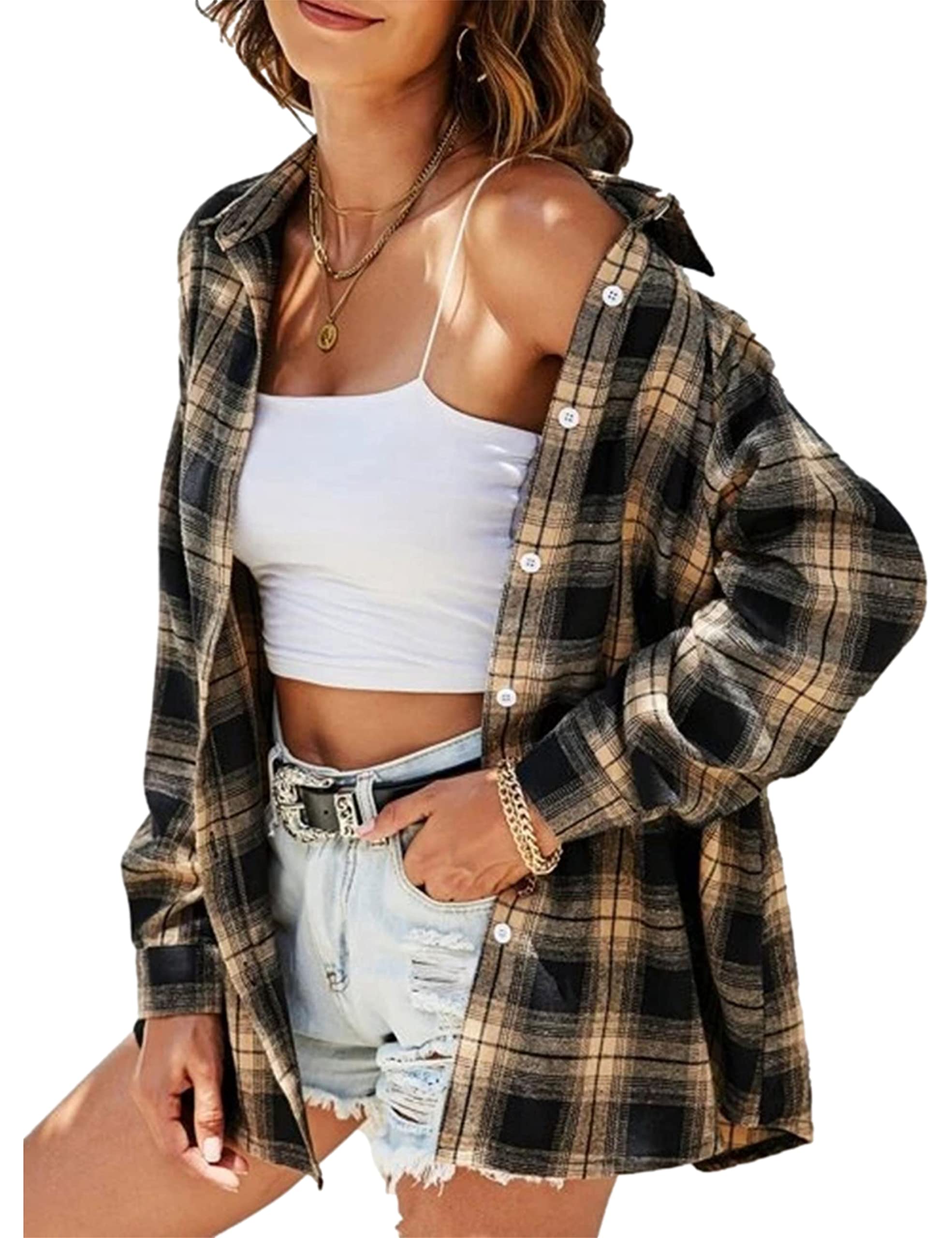 Korebow Oversized Flannels Plaid Shirts for Women Buffalo Plaid Long Sleeve Button Down Shirts Blouse Tops(0028-Khaki-S)