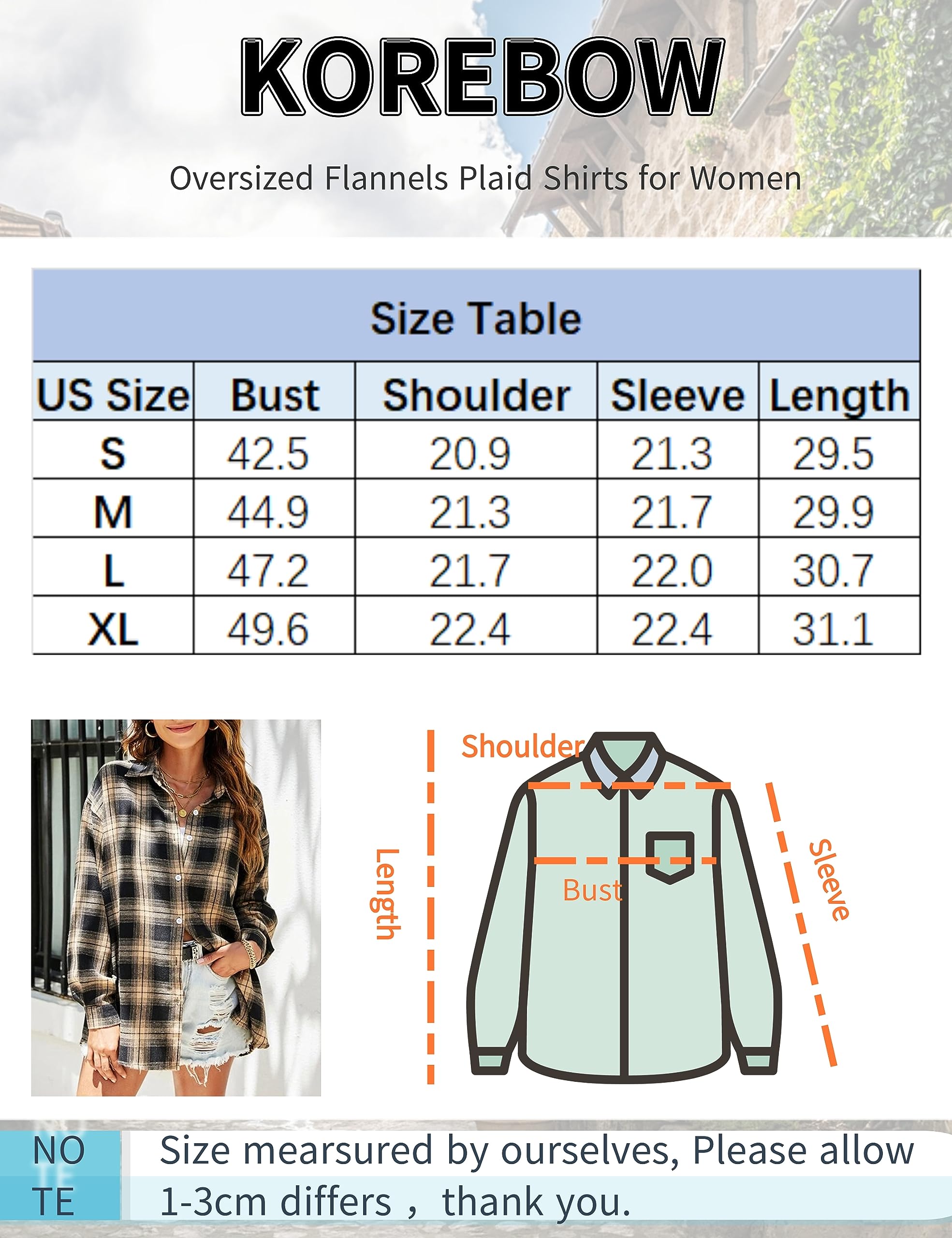 Korebow Oversized Flannels Plaid Shirts for Women Buffalo Plaid Long Sleeve Button Down Shirts Blouse Tops(0028-Khaki-S)