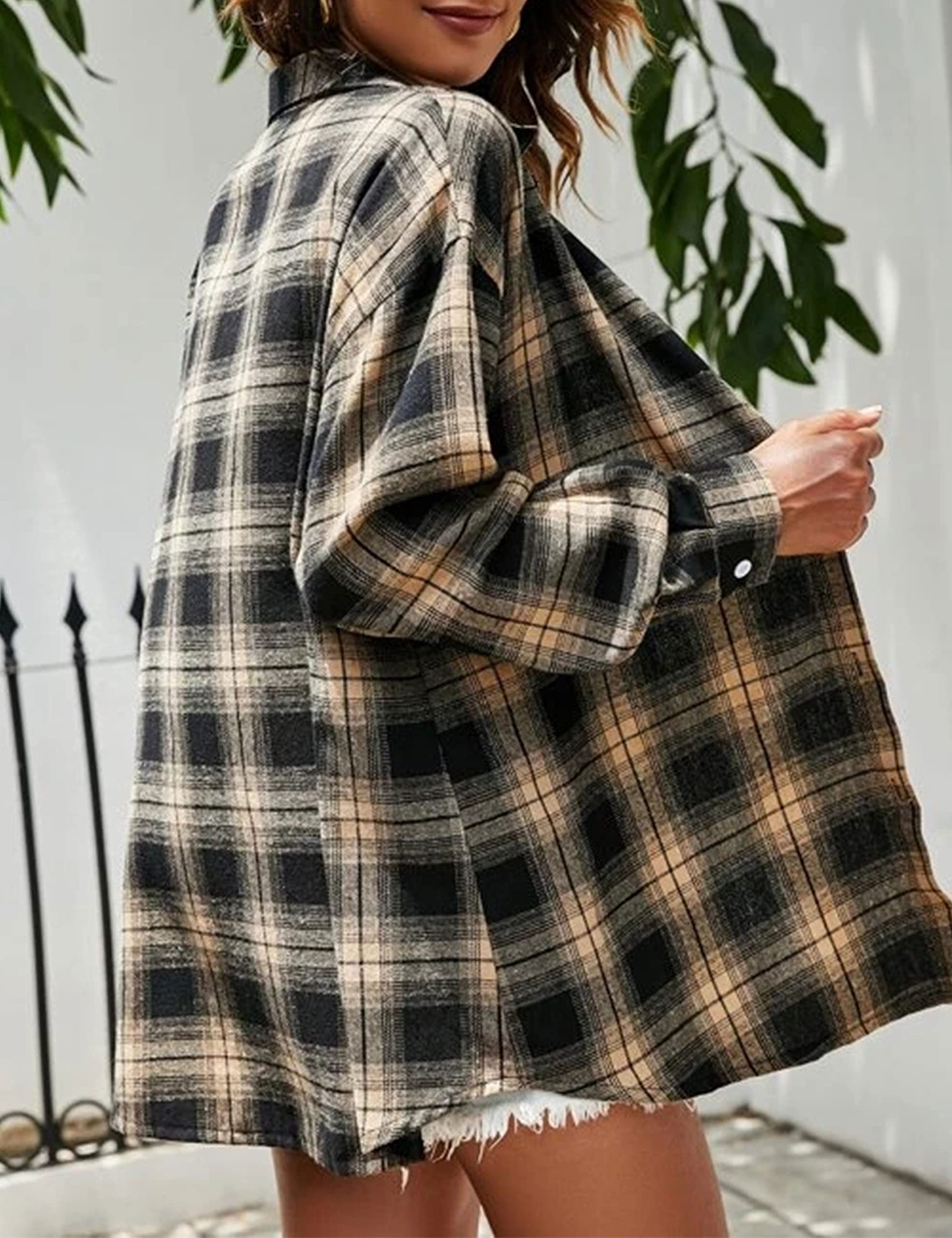 Korebow Oversized Flannels Plaid Shirts for Women Buffalo Plaid Long Sleeve Button Down Shirts Blouse Tops(0028-Khaki-S)