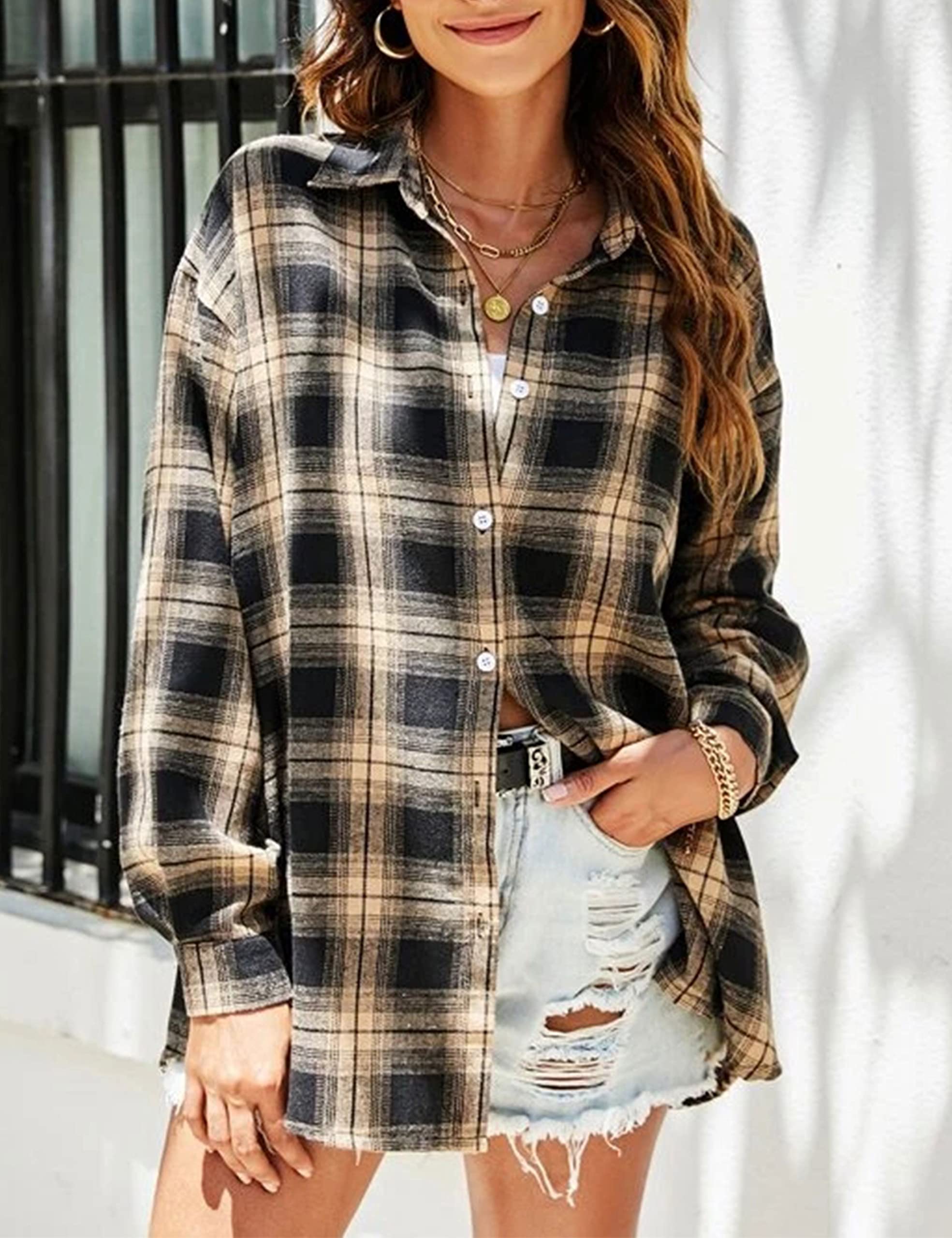 Korebow Oversized Flannels Plaid Shirts for Women Buffalo Plaid Long Sleeve Button Down Shirts Blouse Tops(0028-Khaki-S)