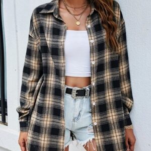 Korebow Oversized Flannels Plaid Shirts for Women Buffalo Plaid Long Sleeve Button Down Shirts Blouse Tops(0028-Khaki-S)