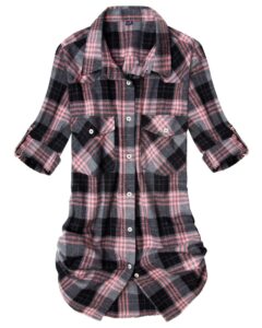 alimens & gentle womens plaid flannel shirts long sleeve roll up casual button down shirt pink grey