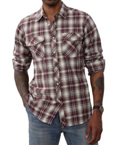 pj paul jones mens casual button down shirts flannel plaid cotton regular fit long sleeve shirts red white large